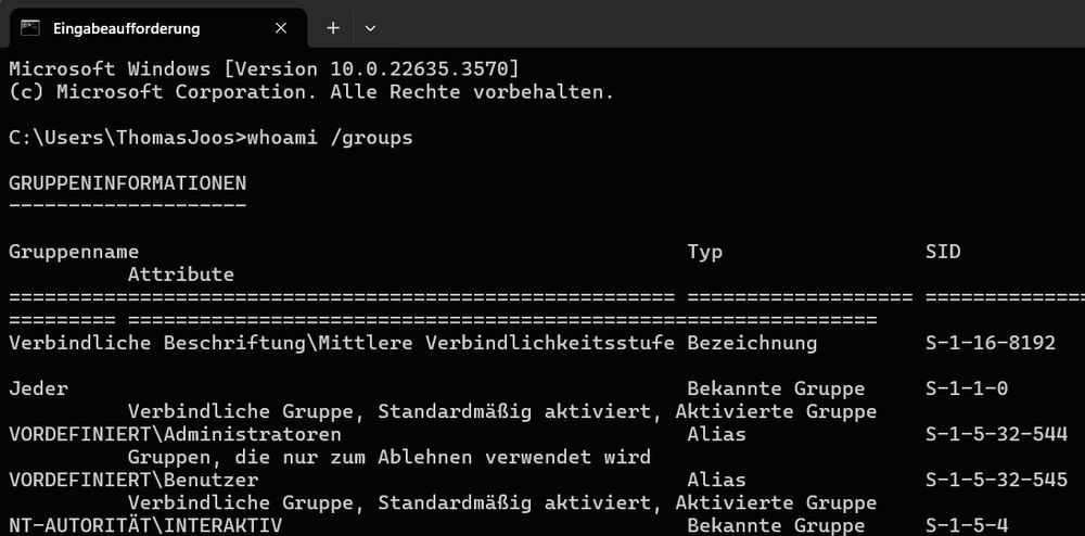 whoami zeigt in Windows Infos zum angemeldeten Benutzer