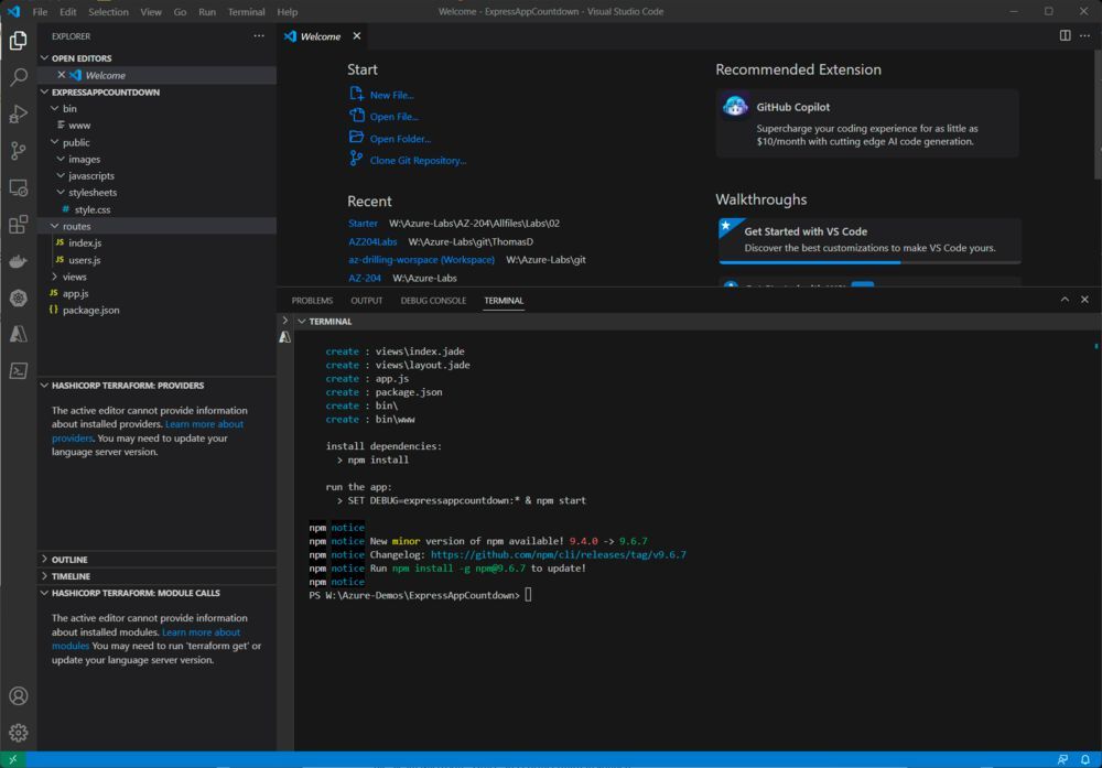 Azure Web Apps mit Node.js, Express und VS Code
