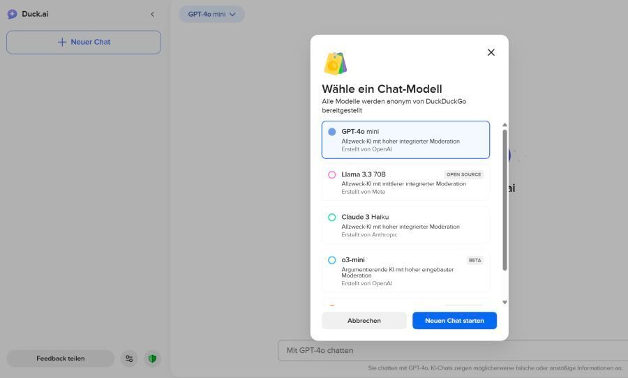 Duck.ai bewahrt Anonymität bei Chatbot-Anfragen
