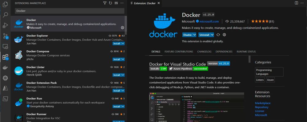 Azure-Container-Support dank Docker Extension