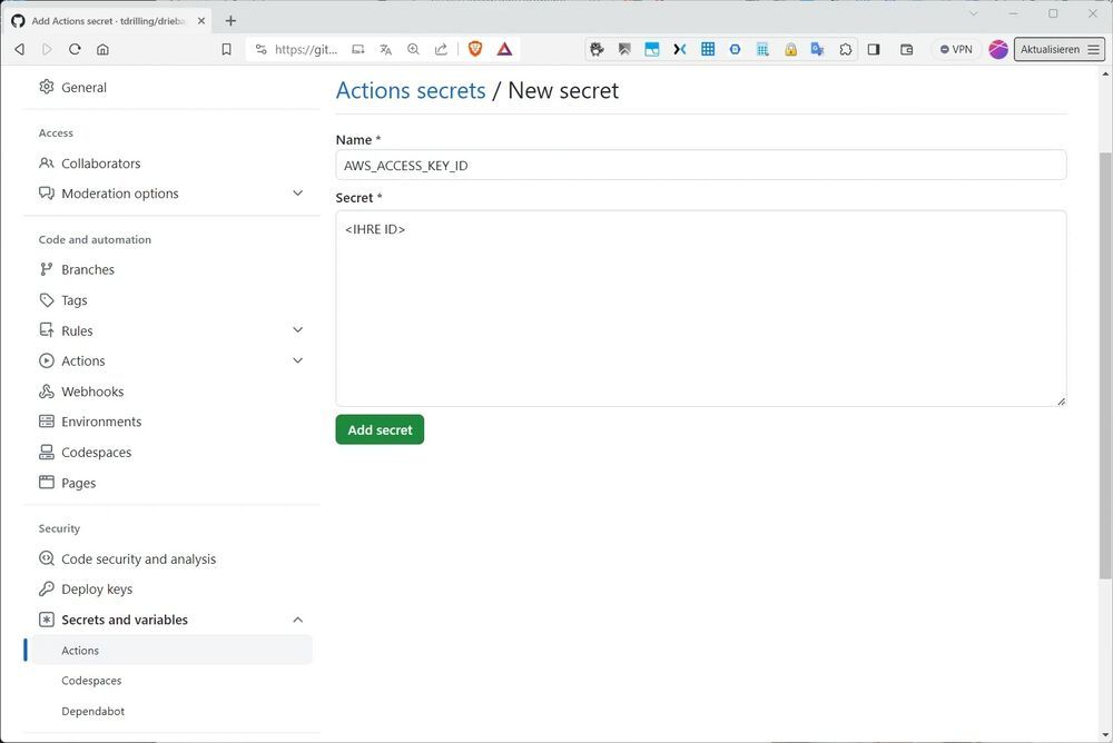 Erstellen eines GitHub-Workflows für die Node.js-App mit AWS Elastic Beanstalk