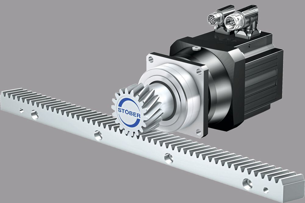 Zahnstangentrieb, Planetengetriebe und Servomotor für zwei Handlingsysteme