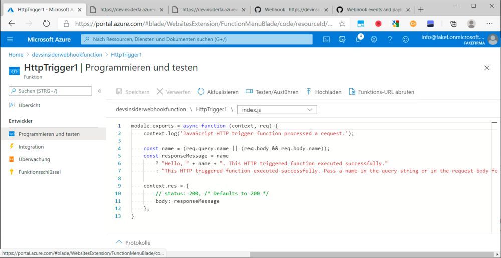 Azure Function mit http-Trigger einrichten