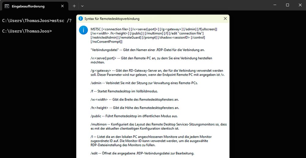 mstsc.exe startet Remotedesktop-­Clients mithilfe von Parametern