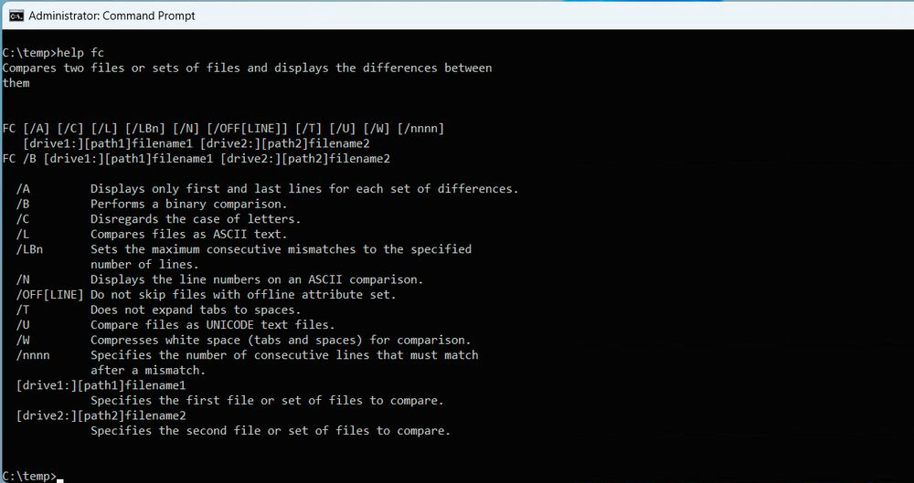 fc.exe ermittelt Unterschiede in Dateien