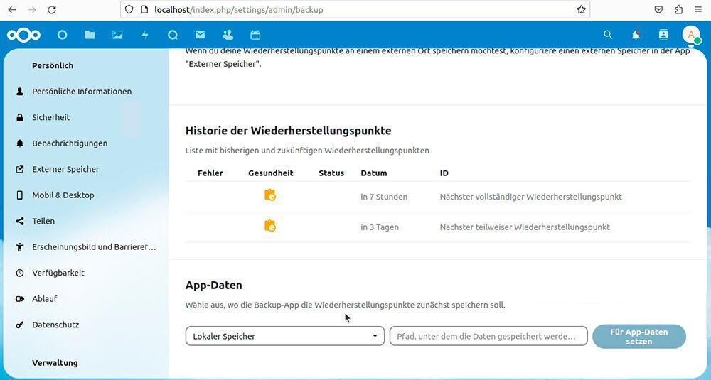 Nextcloud mit der internen Backup-App sichern || Bild 6 / 7